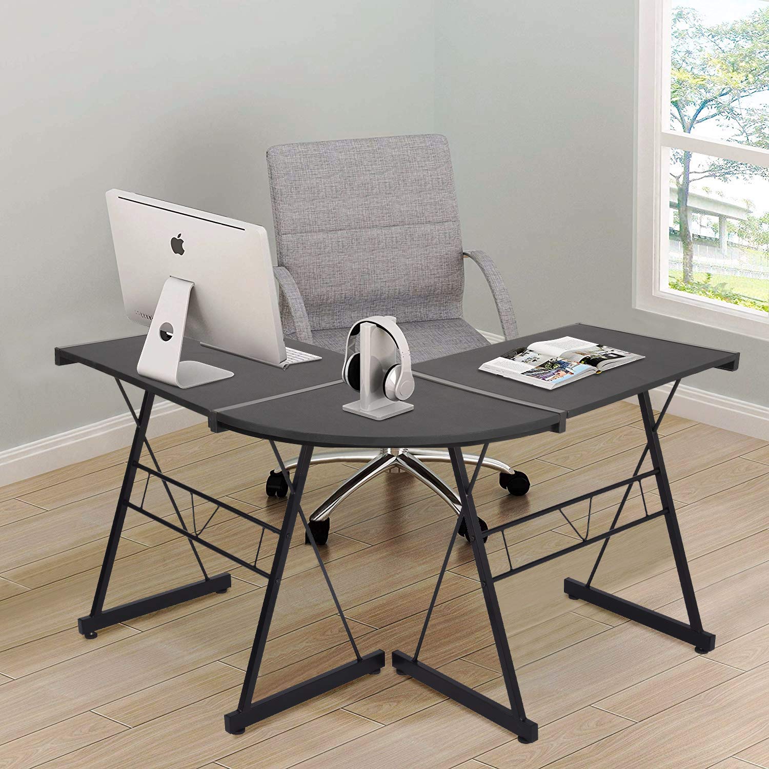 GreenForest L Shaped Corner Desk, Industrial Style Computer Gaming Desk PC Laptop Workstation for Home Office, Black