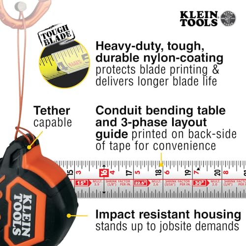 Klein Tools 9216 Tape Measure, Heavy-Duty Measuring Tape with 16-Foot Double-Hook Double-Sided Nylon Reinforced Blade, with Metal Belt Clip