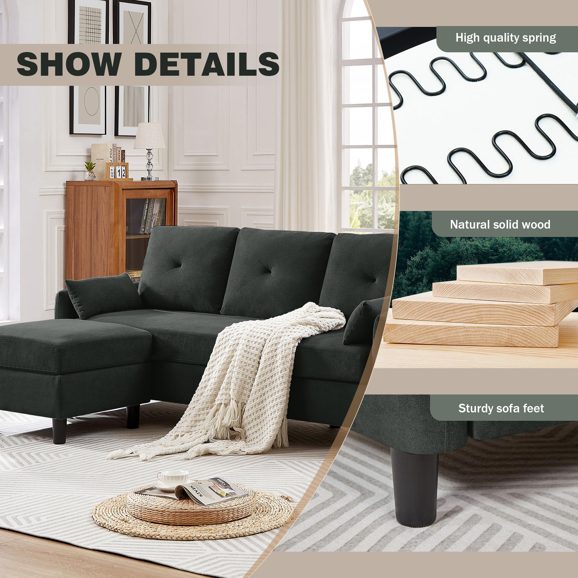 Tornama Convertible Sectional Sofa Couch 3 Seat L Shaped Sofa with Pillows, 77" Linen Fabric Small Couch with Reversible Chaise and Side Pockets for Living Room, Apartment and Office, Black