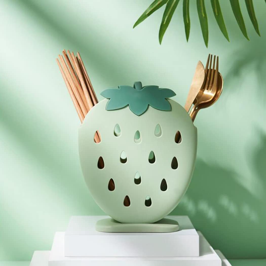 Hoshen Household Tableware/kitchenware Storage Cage, Kitchen Standing Chopstick Cage, Double-Compartment Drain Chopstick Cage,Strawberry Shape,Light Green