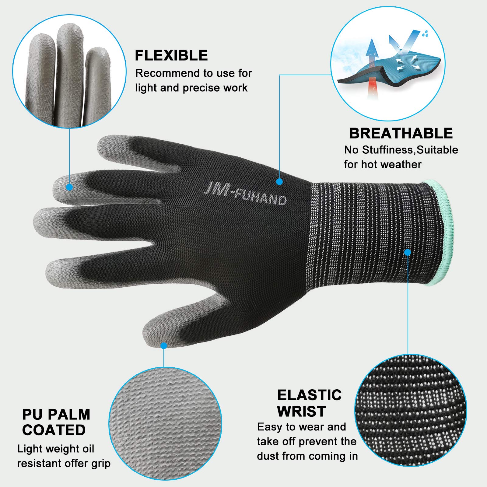 JM-FUHAND Anti static(ESD) work gloves for PC building-2 Pairs,Thin and lightweight all purpose work gloves,Ideal for Light Duty Work.(Large, Black/Grey)