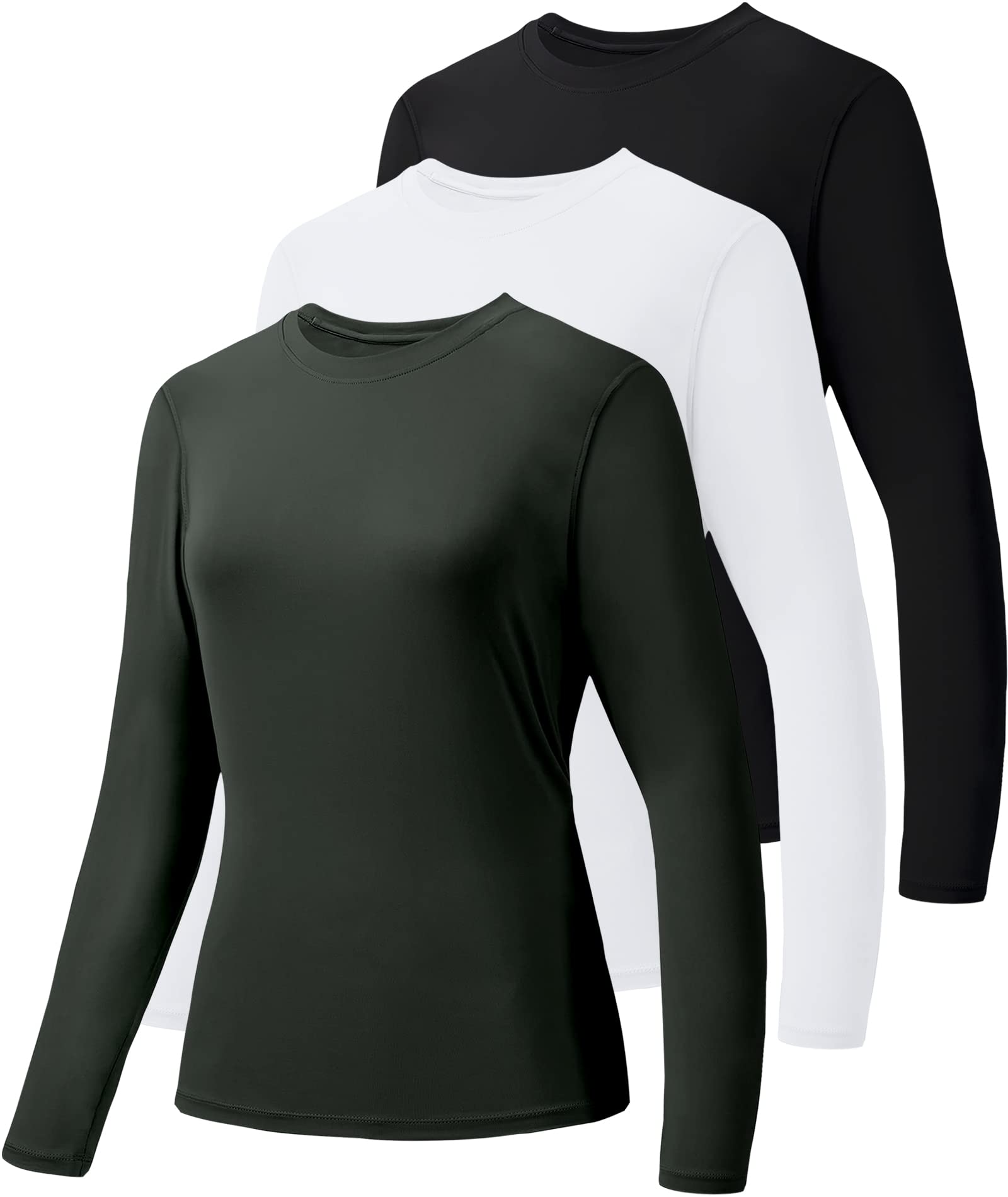 HIBETY 3 Pack Women's UPF 50+ Sun Protection Shirts, Workout Gym Long Sleeve Shirts, Quick Dry Tops(Black/White/Grey-02-L)