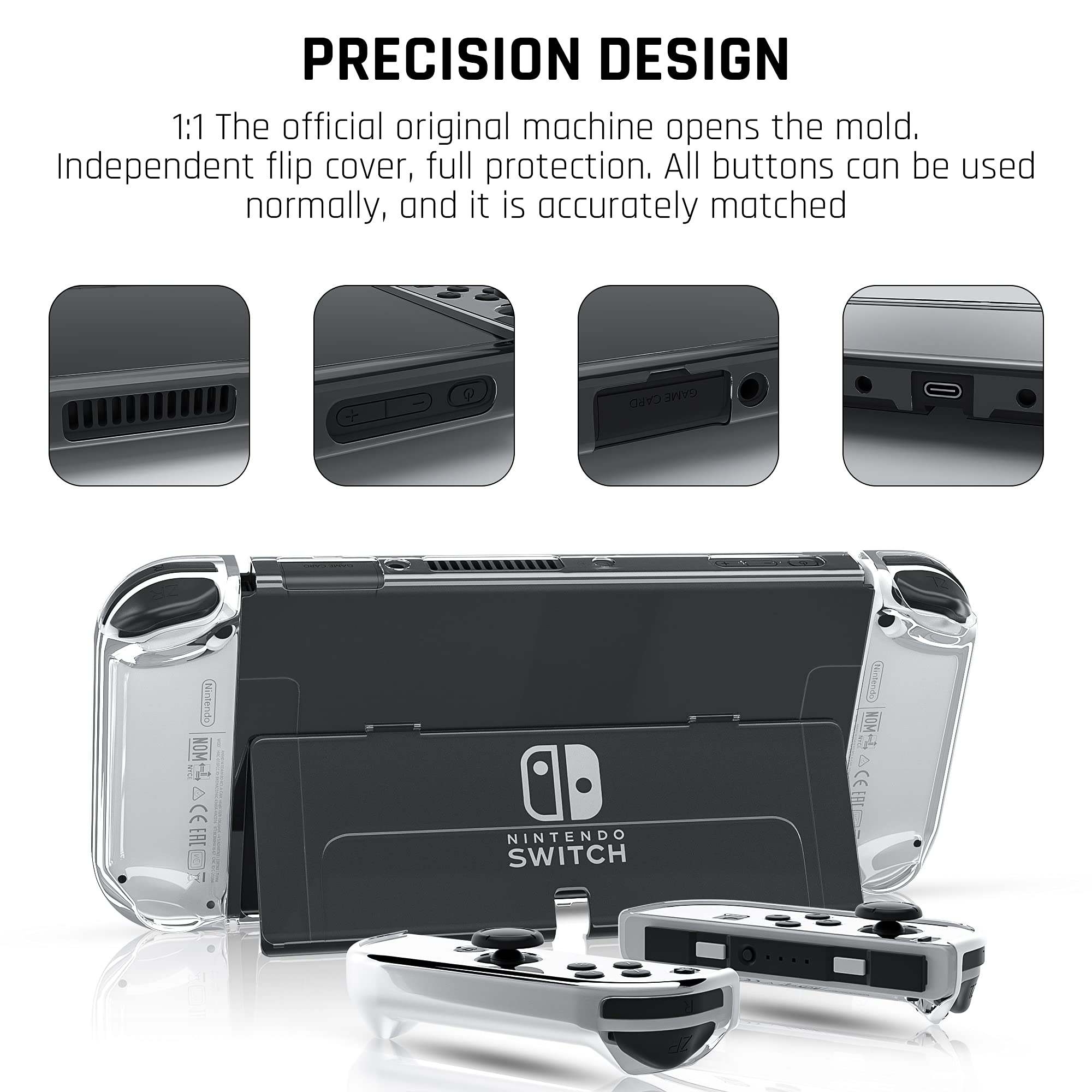 FUNDIARY Switch OLED Clear Case, Protective Cover for Nintendo Switch OLED Model Accessories with Screen Protector and 8 Pcs Thumb Caps - Ultra-Slim Dockable & Flip Shell