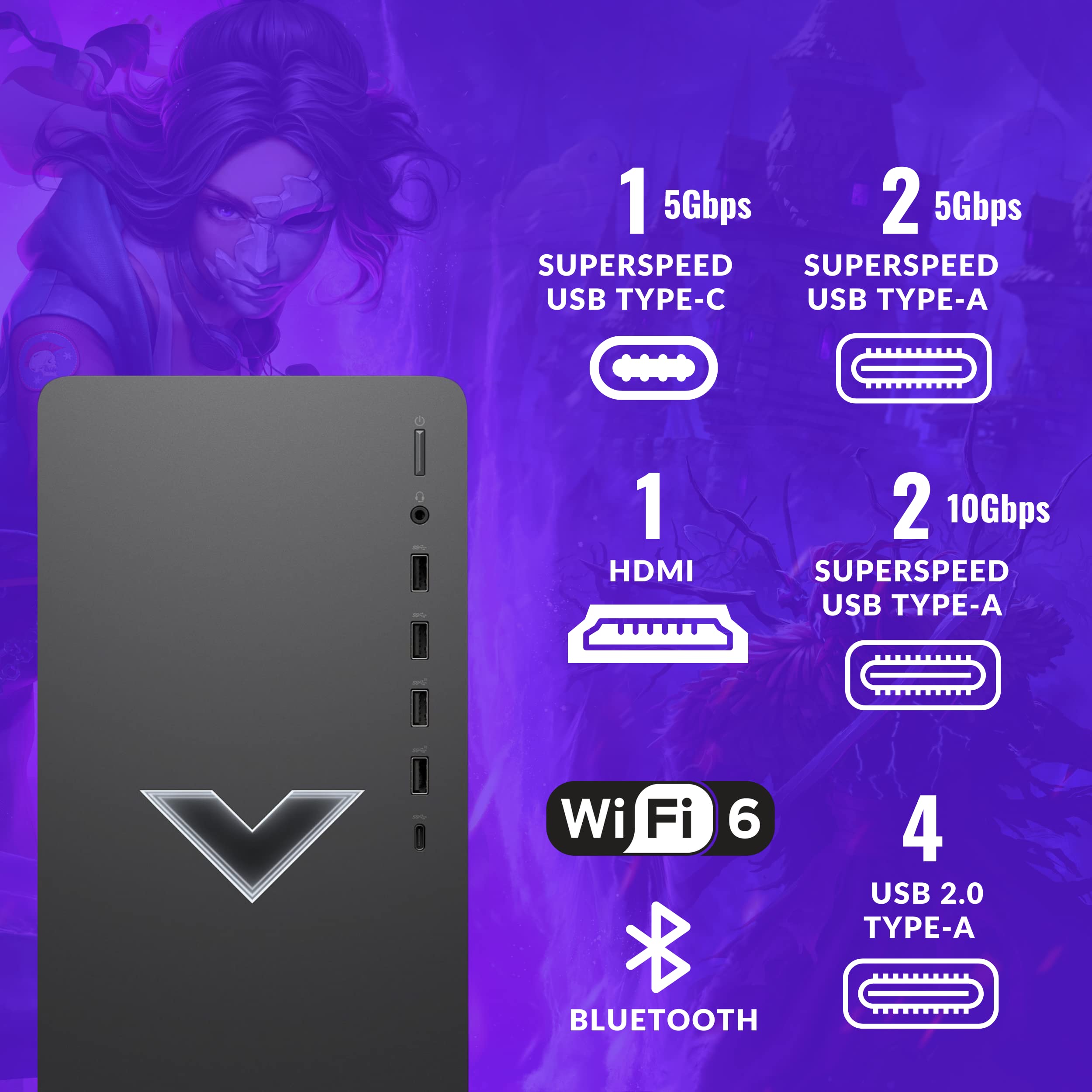 HP Victus Gaming PC, AMD Ryzen 7 5700G (8 cores, 16 Threads), 32 GB RAM, 1 TB PCIe SSD, Radeon RX 6600XT, Gaming Computer Desktop Bundle, USB C, WiFi 6, Windows 11 Home