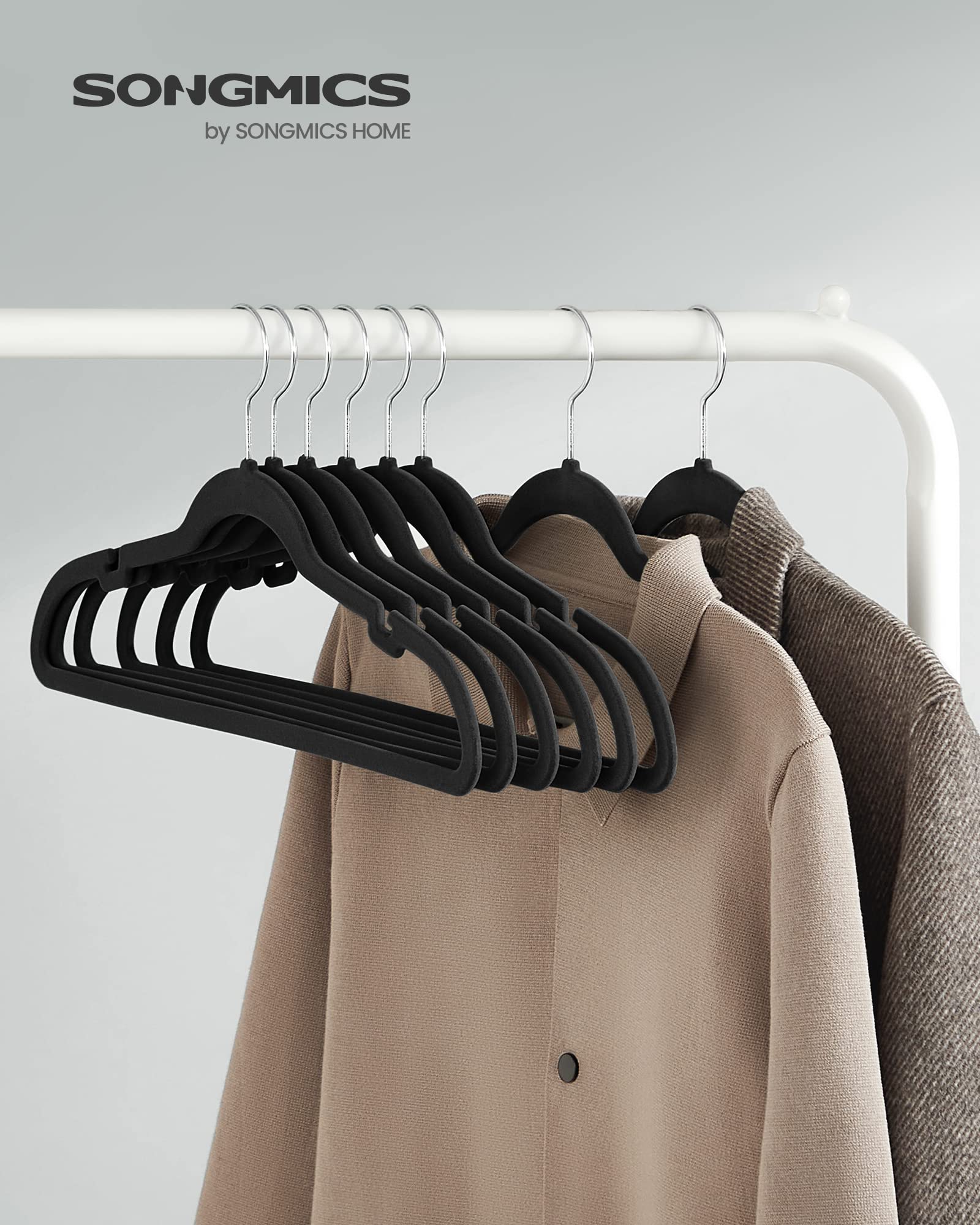 SONGMICS Velvet Hangers 60 Pack, Non-Slip Clothes Hangers, Suit Hangers with Shoulder Notches, Pants Bar, 360° Swivel Hook, Space-Saving, for Closet, Ink Black UCRF030B01