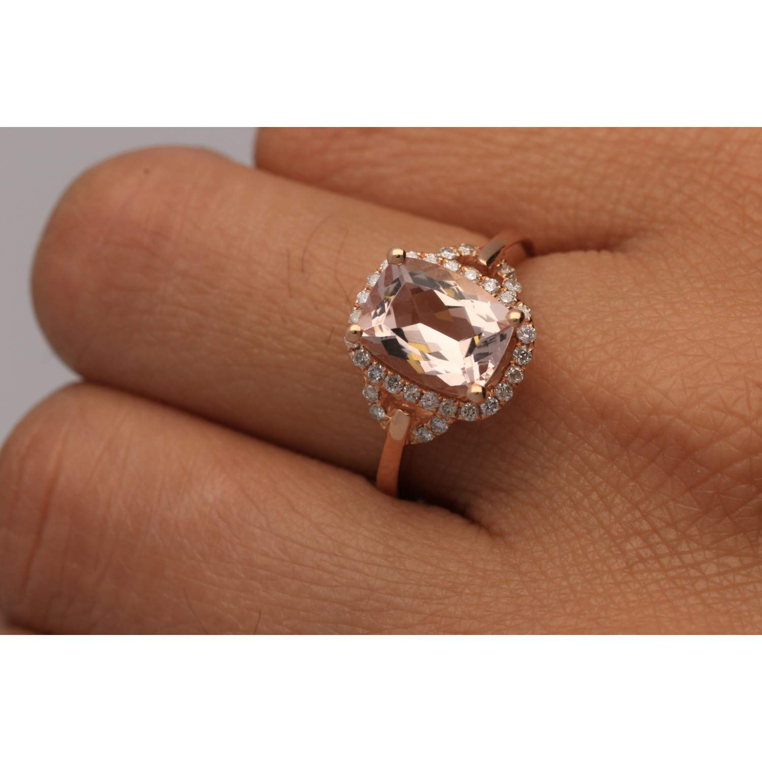 Gin & Grace 14K Rose Gold Cushion Cut Morganite & Natural Diamond(i1,I2) Engagement Wedding Propose Promise Ring for Women