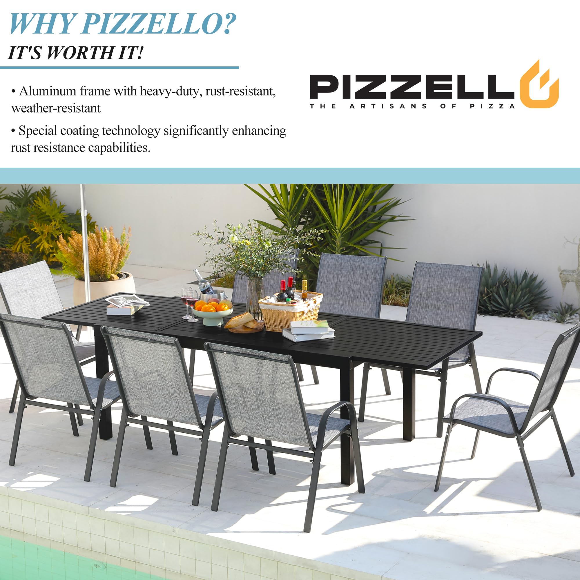 PIZZELLO 11 Pieces Patio Dining Set Outdoor Furniture w/ 10 Stackable Textilene Chairs and 106" Aluminum Extendable Dining Table for Backyard, Garden, Porch and Poolside