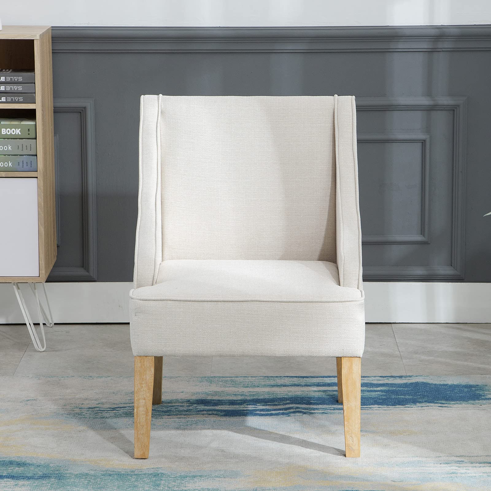 Guyou Mid-Century Accent Living Room Chair Fabric Wingback Chair, Solid Wood Upholstered Armchairs for Bedroom/Vanity/Conference Room (Beige)