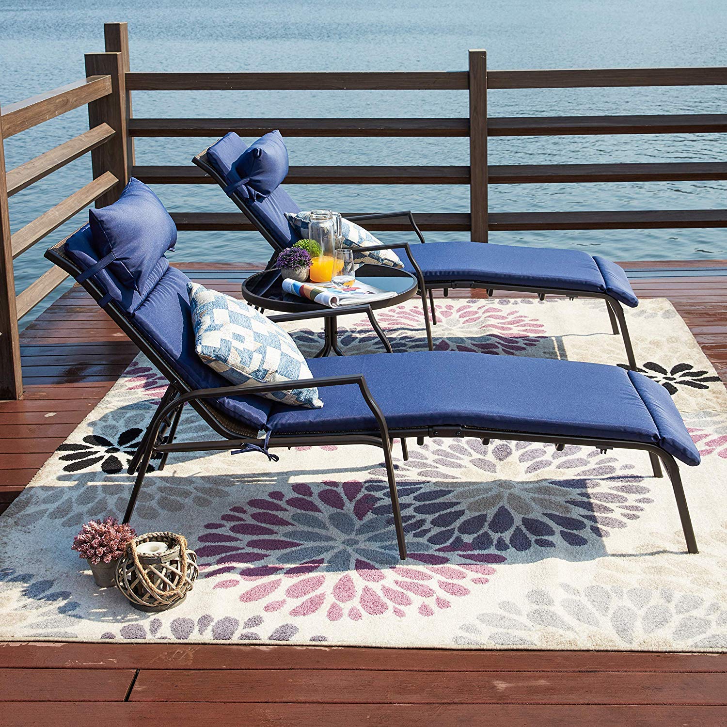 Top Space Patio Lounge Chair Outdoor Chaise Chairs Portable Adjustable Metal Leisure Recliner with Folding Table 3 Pieces for Camping Beach Yard Pool (Light Green)
