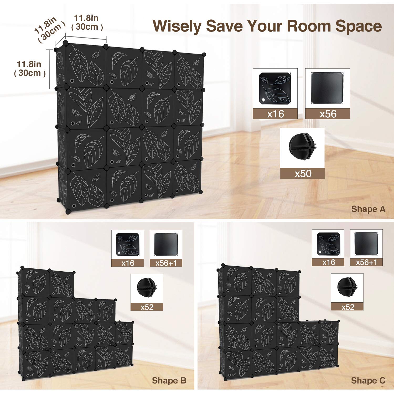 GREENSTELL Cube Storage Organizer, Plastic Closet Organizer with Doors, 16-Cube DIY Storage Cubes Organizer, Modular Storage Cabinet Book Shelf Shelving for Bedroom, Living Room, Office Black