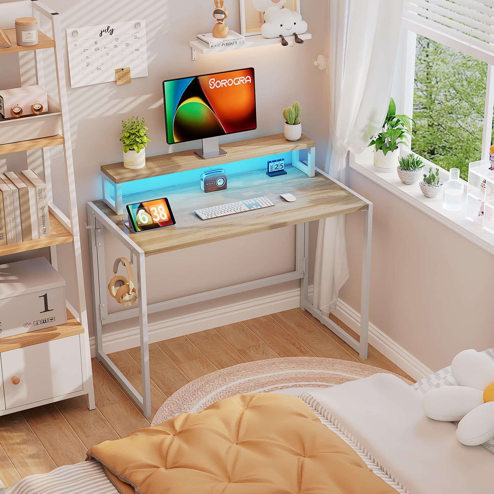 SOROGRA Small Folding Desk 31.5 Inch, Foldable Computer Desks with LED Lights and Monitor Stand, Work Portable Table for Home Office Bedroom, Oak
