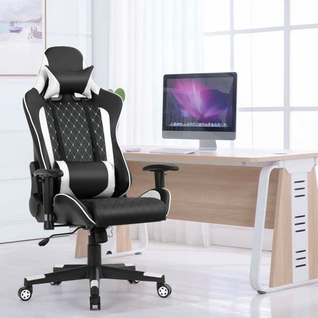 Ergonomic Gamer Desk Chair, High Back PC Computer Home Office Chair with Massage & 90°-180° Adjustable Tilt Back Height Adjustable Swivel PU Leather Executive Racing Computer Desk (Black+ White)