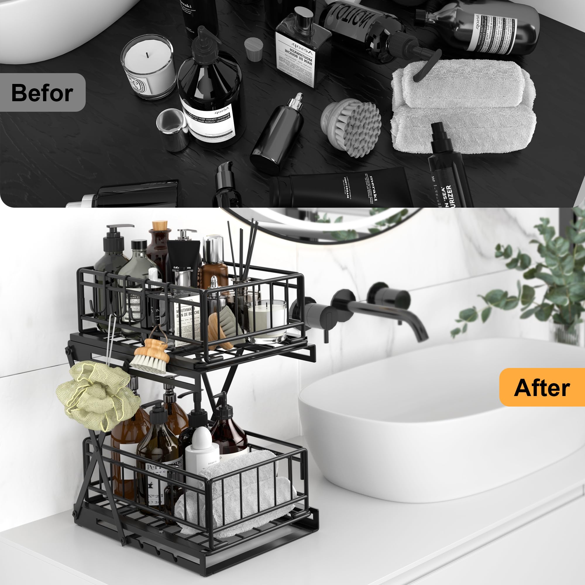 Under Bathroom Sink Organizer, 2-Tier Under The Sink Organizer and Storage Adjustable Pull Out Organization Basket, Sliding Drawer Shelf with Hooks for Kitchen Bathroom Cabinet, 2 Pack