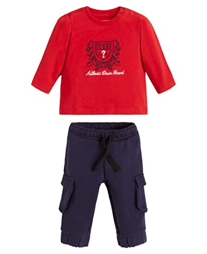 GUESS Infant Boys Organic Cotton Jersey Embroidered Logo T-Shirt And Cargo Pocket Terry Jogger 2 Piece Set, Tulip Red, 12M