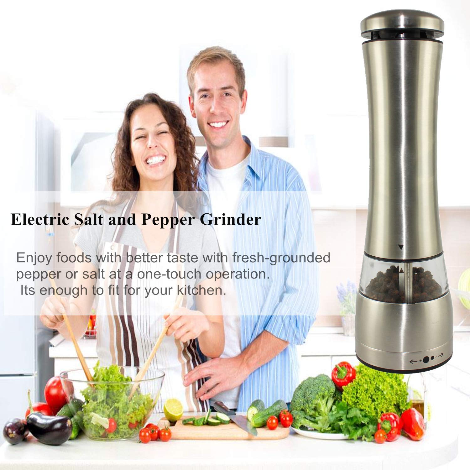 HQGSJ Electric Salt and Pepper Grinder,Battery Operated with LED Light,Stainless Steel Automatic Mill,Adjustable Ceramic Coarseness Salt grinder and pepper Mill (ONE PACK)