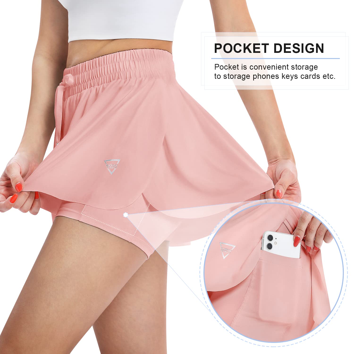 Guooolex Women's Flowy Workout Running Shorts, Pockets Quick Dry Athletic Shorts 2 in 1 High Waisted Biker Gym Yoga Shorts Pink