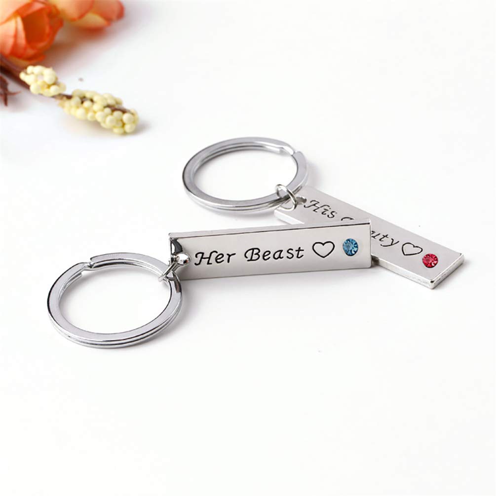 Floralby 1 Pair Her Beast/His Beauty Rectangle Key Ring Keychain Couple Bag Pendant Car Key Decor