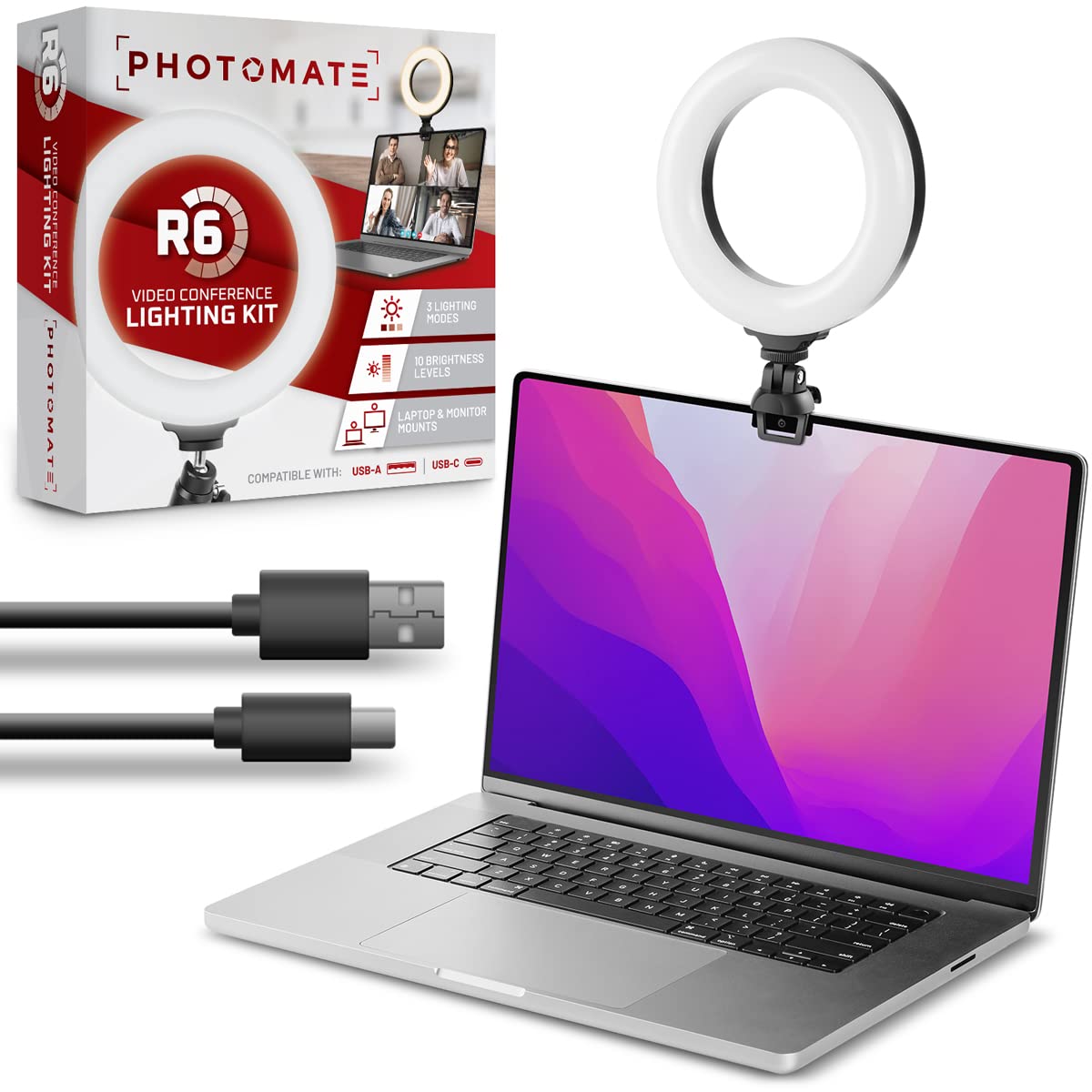 PhotoMate Video Conference Lighting - Webcam Ring Light for Computer, Laptop, MacBook, Monitor - USB-C and USB-A - Small Portable Selfie Light for Zoom Meetings and Streaming