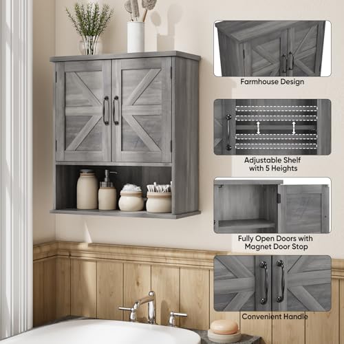 Mino Kesper Bathroom Wall Cabinet with Barn Doors, Wall Mounted Bathroom Storage Cabinet, Farmhouse Style, Adjustable Shelf, Wall Mounted, Grey