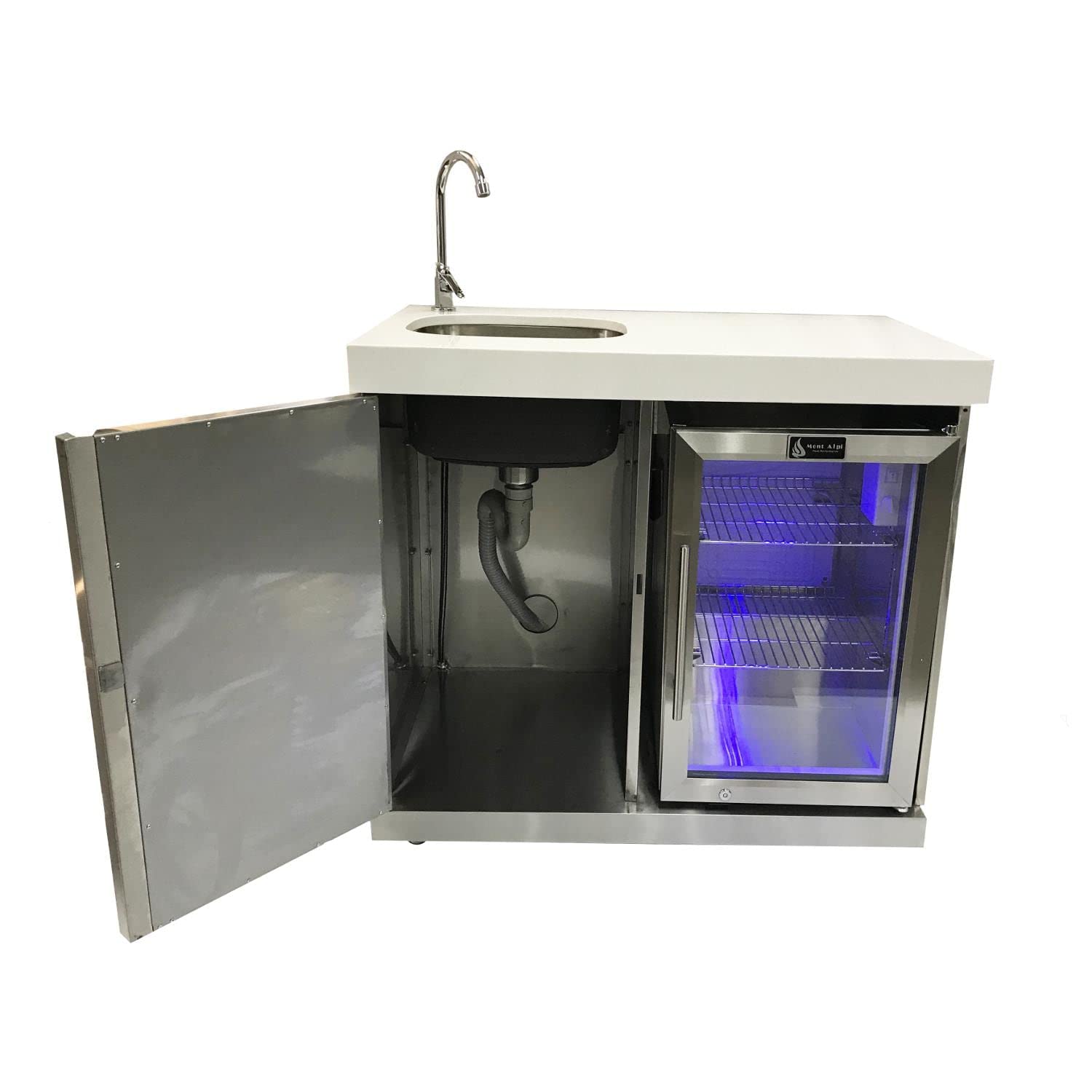 Mont Alpi MASF-SS Stainless Steel Beverage Center Cabinet Module + 2.7 Cubic Feet Wine Cooler Outdoor Rated Temperature Adjustable Compact Lockable Refrigerator + Faucet & Sink