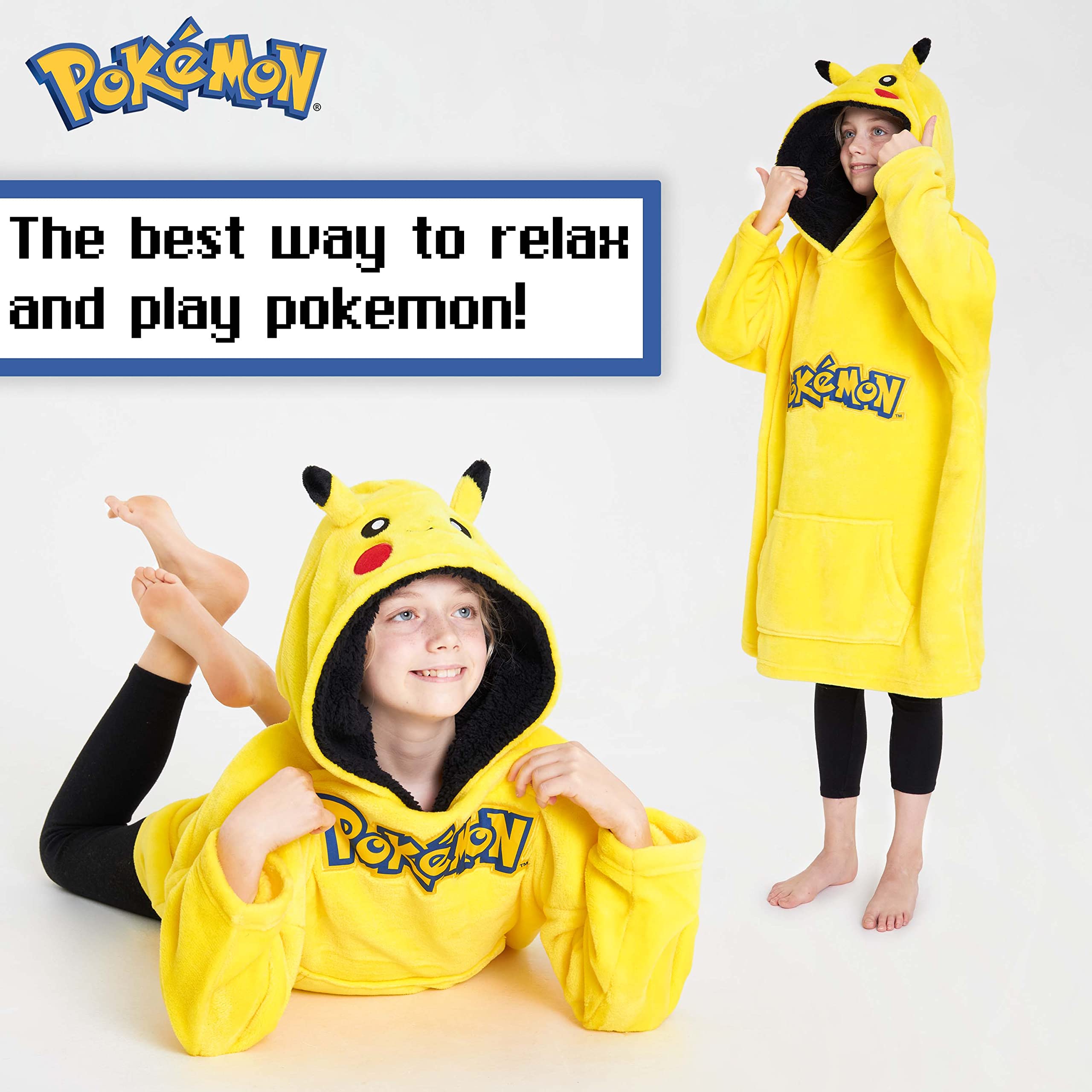 Pokemon Boys Oversized Hoodie with Sherpa-Lined Hood - Blanket Hoodies for Kids (Yellow/Black Pikachu)