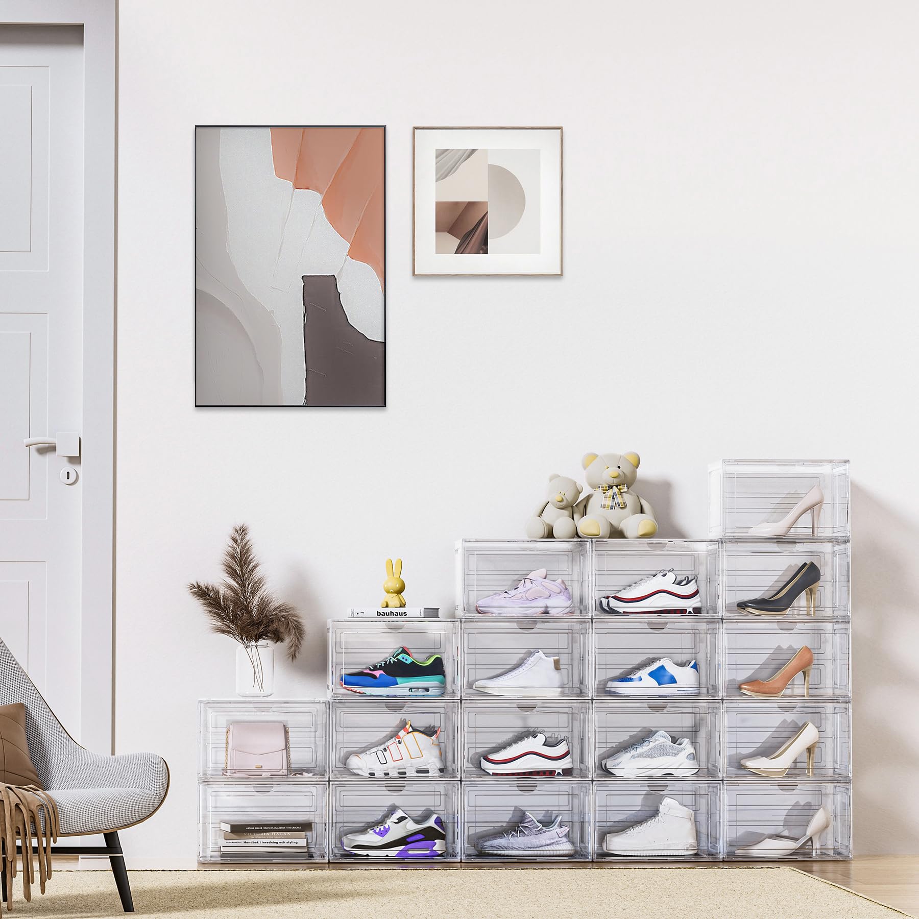OMOPIN XL Shoe Storage Box,8 Pack Drop Side Shoe Boxes Clear Plastic Stackable,Sneaker Display Case with Magnetic Door Fit up to US 13(13.4”x 10.6”x 8.3”(8 Pack Clear)