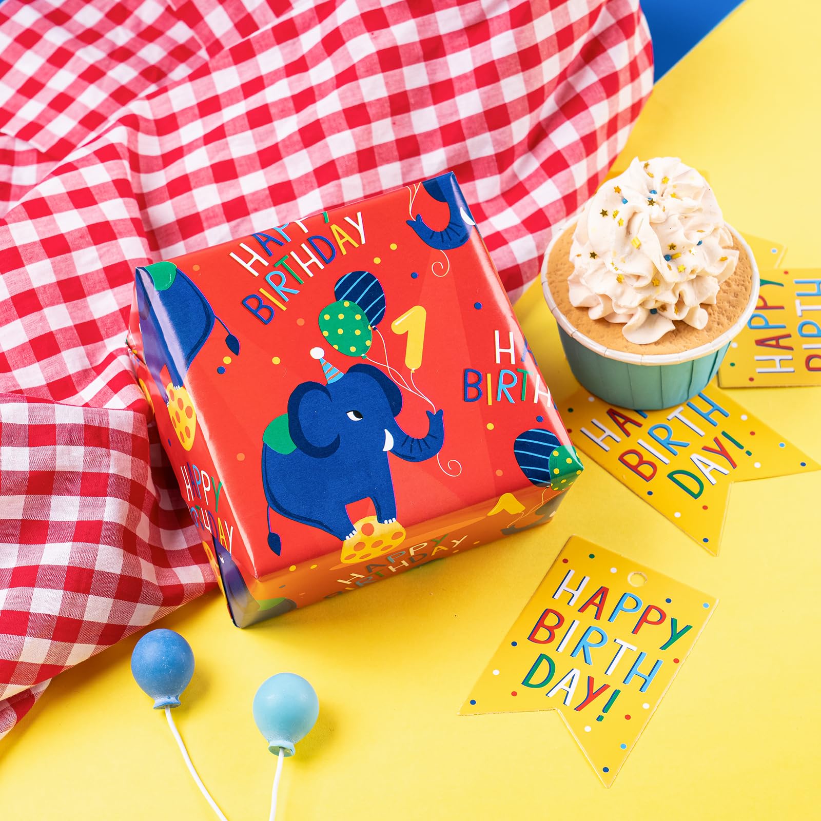 RUSPEPA Birthday Wrapping Paper Sheets with 1 Year Old Birthday Elephant Pattern Great for Birthday Gift Wrap, 6 Fold on Sheets Each Set, 27 inches x 19 inches, Age 1