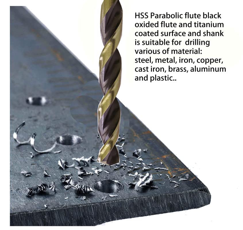 Hss Drill Bit Set 11/32 in. Jobber Twist Parabolic Flute Golden/Black 3-Flat Shank Drill Steel Metal-5Pcs