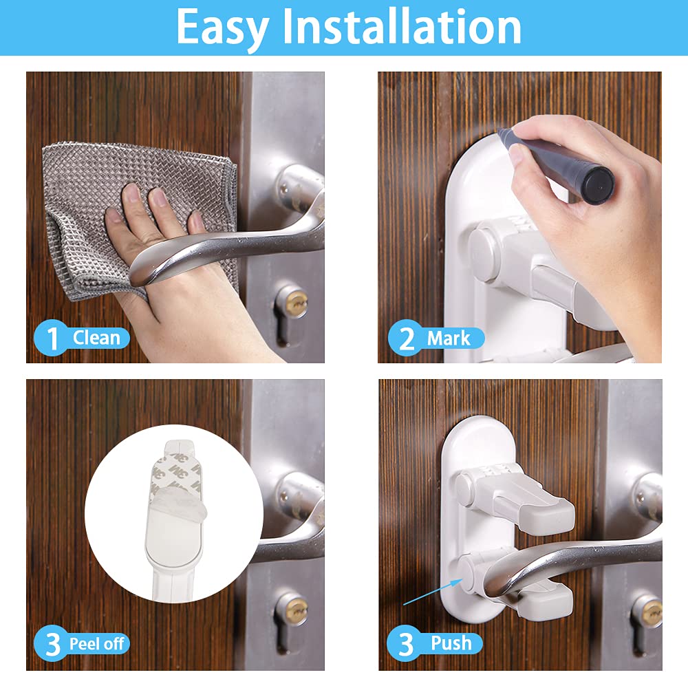 Flowden Improved Childproof Door Lever Lock(2 Pack)Prevents Toddlers from Opening Doors. Durable ABS with Adhesive Backing. Simple Install, No Tools Needed