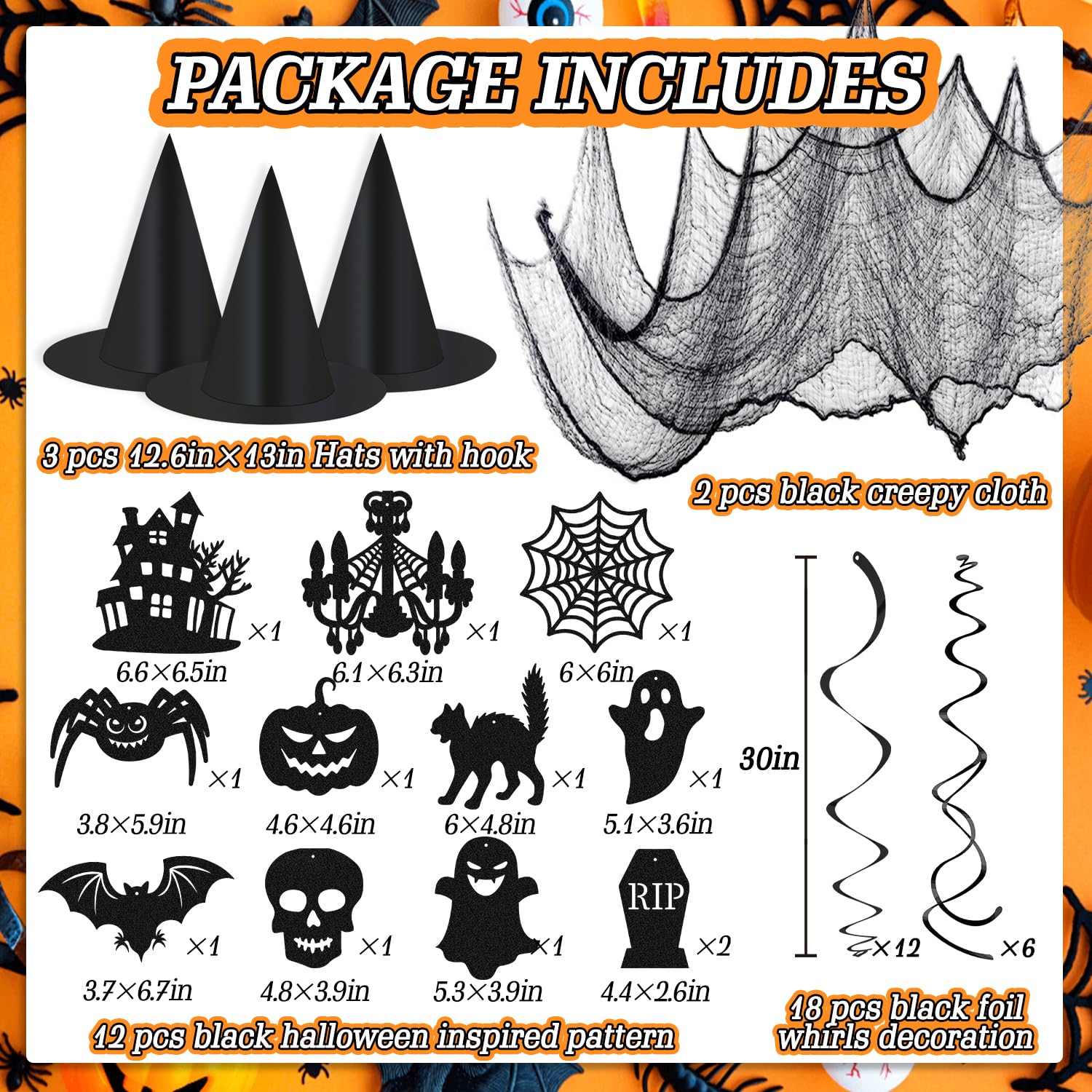 Levvcirki 35 PCS Halloween Party Decorations Hanging Swirl with Horror Pattern Witches Hat Black Creepy Cloth for Halloween Scary Theme Party Supplies