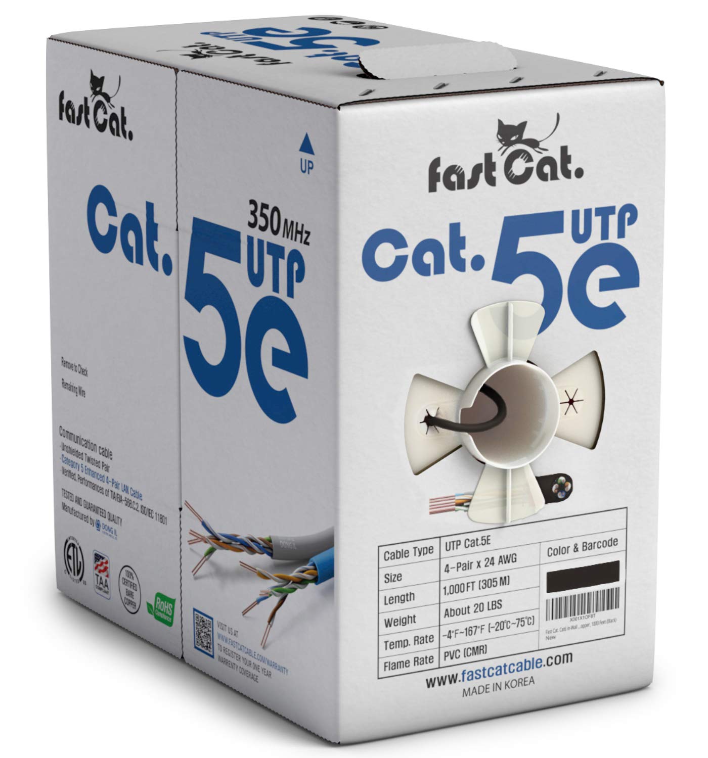 fast Cat. Cat5e Ethernet Cable 1000ft - 24 AWG, CMR, Insulated Bare Copper Wire Cat 5 ethernet Cable with FastReel - 350MHZ / Gigabit Speed UTP Cable Cat5e - CMR (Black)