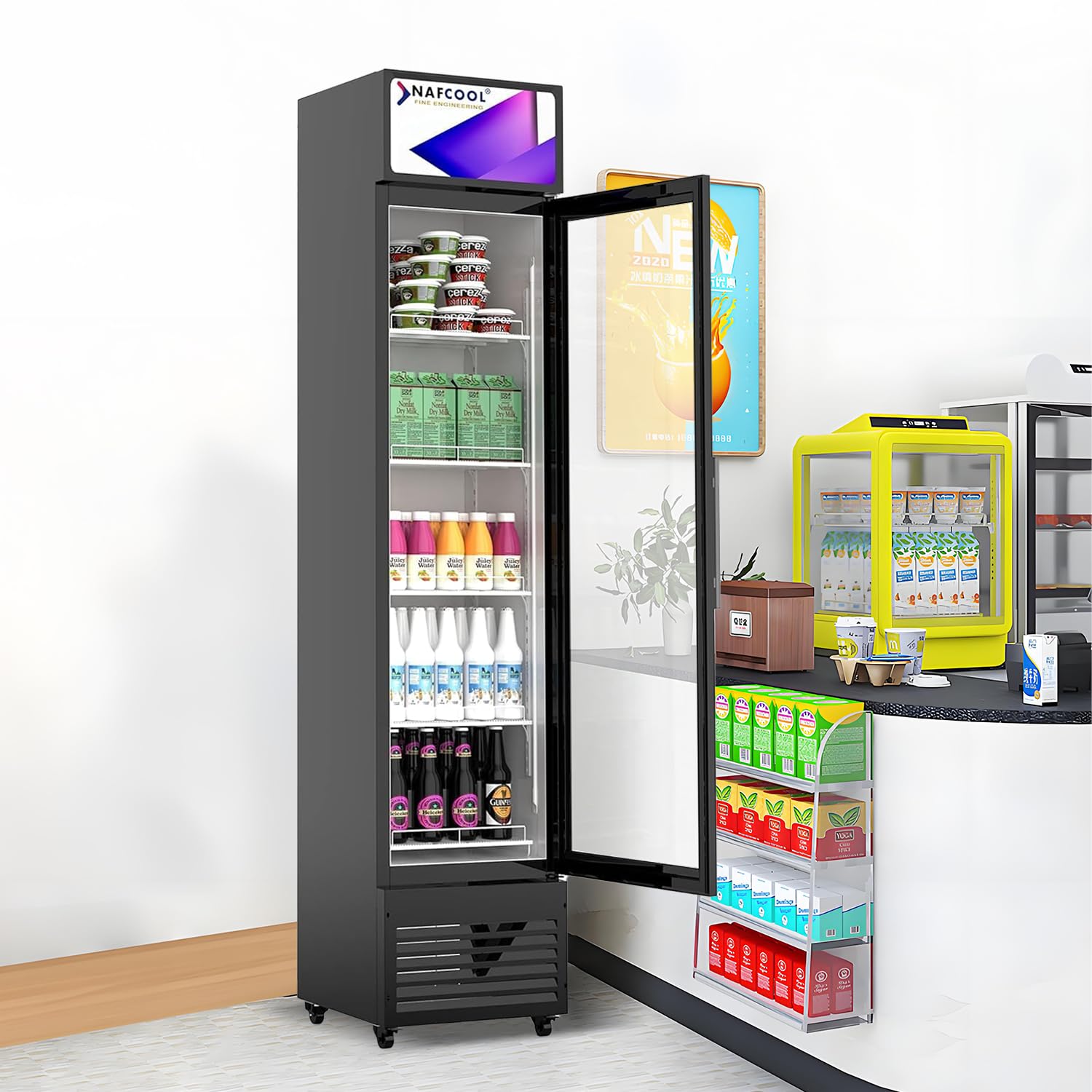 NAFCOOL Commercial Beverage Refrigerator Display Fridge,6 Cu Ft Small Slims Single Glass Door Merchandiser Drink Cooler with LED Light Adjustable Shelves,ETL and NSF Approval