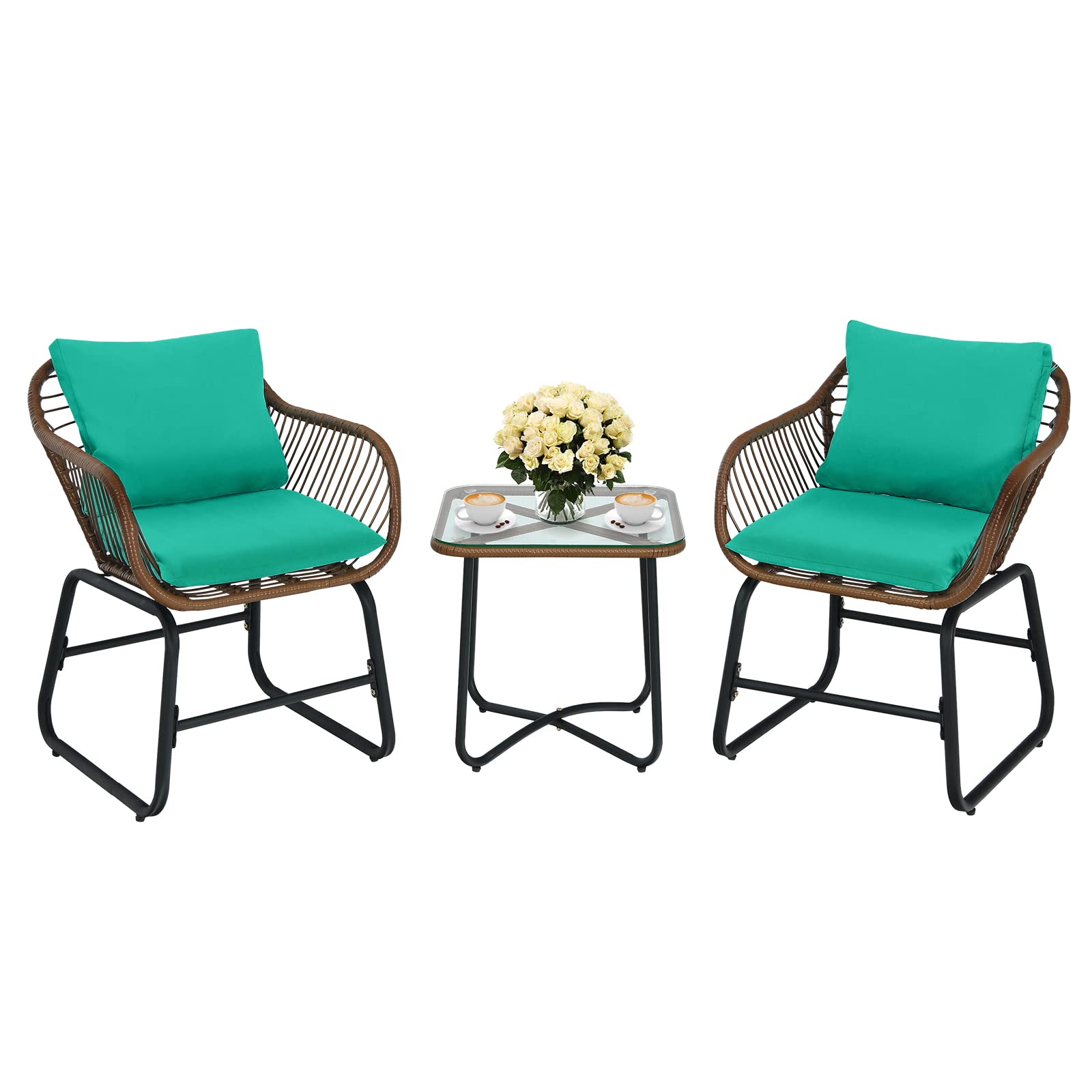 Tangkula 3 Pieces Patio Bistro Set, Patiojoy Outdoor PE Rattan Armchairs and Coffee Table Set with Comfortable Cushions & Adjustable Foot Pads, Suitable for Garden Backyard Poolside (Turquoise)