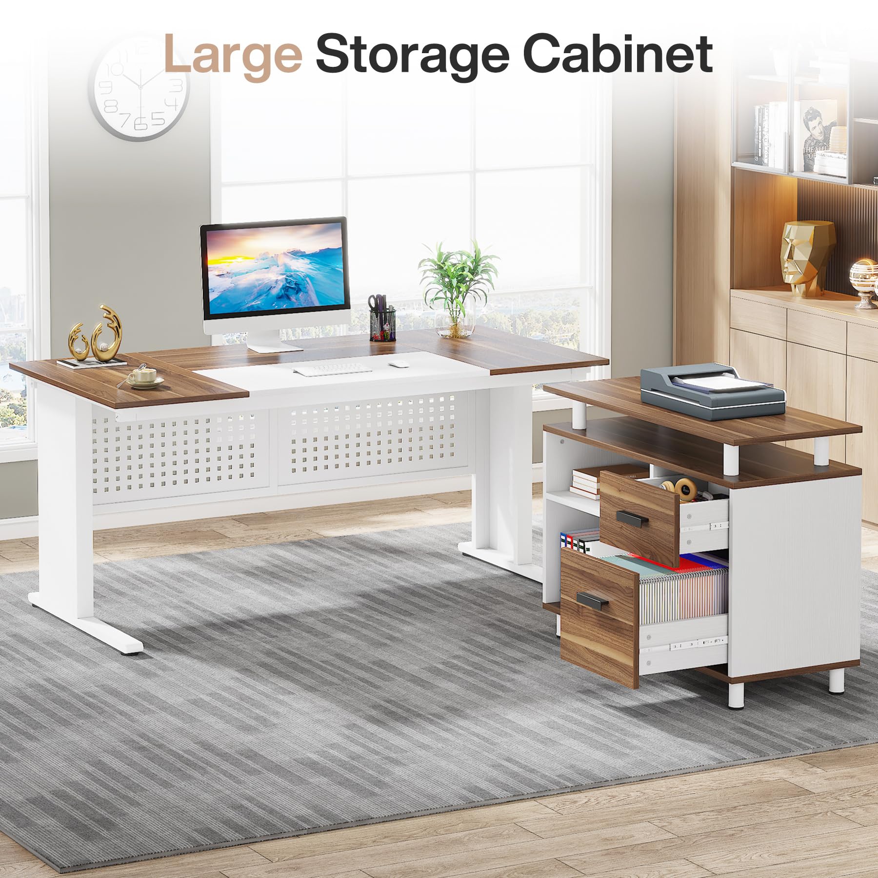 Tribesigns 63 Inch Executive Desk with File Cabinet, Large Office Desk L Shaped Computer Desk with Drawers and Storage Shelves, Business Furniture Desk Workstation for Home Office, White and Walnut