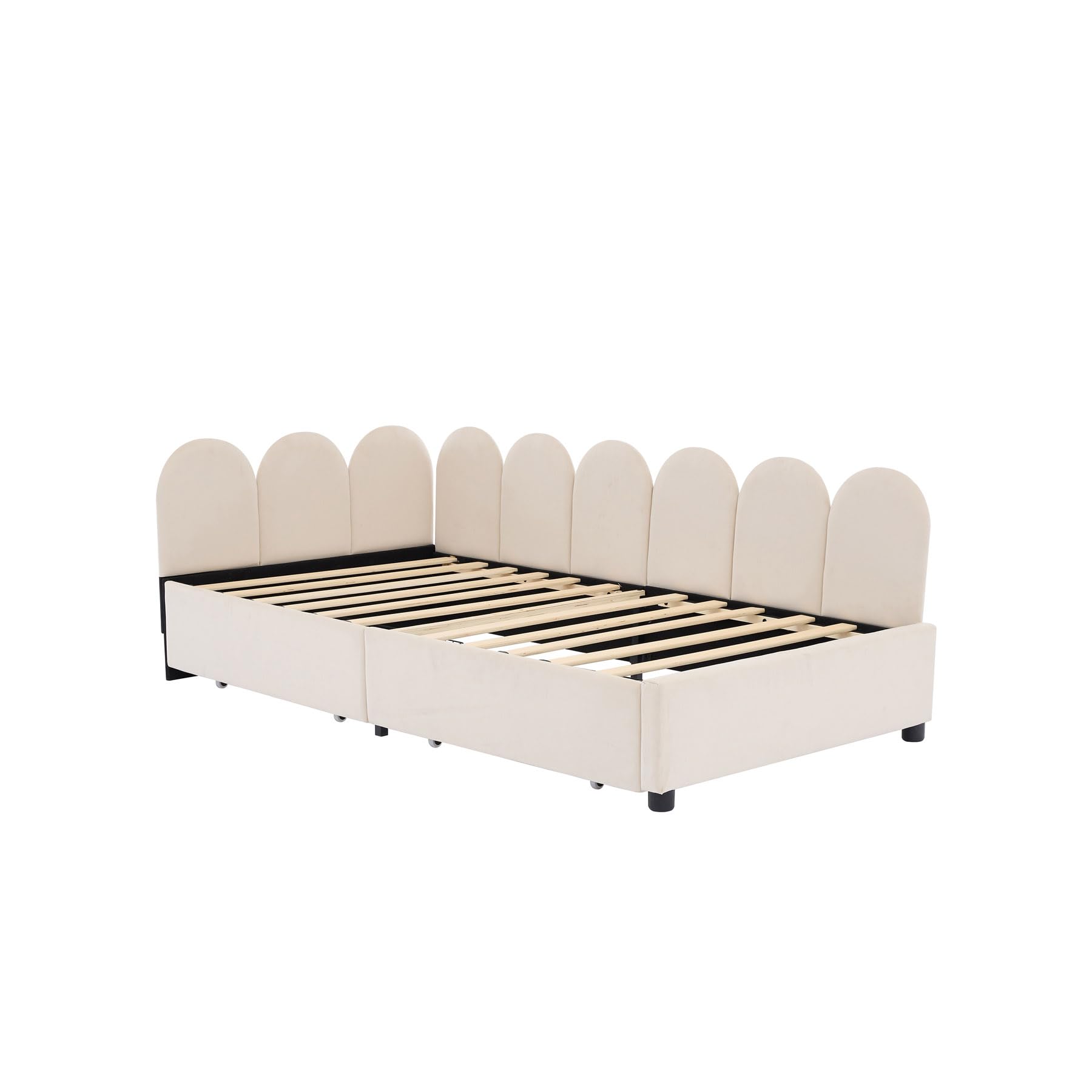 Nahenduo Twin Size Velvet Daybed with 2 Storage Drawers, Upholstered Corner Bed Frame with Arch-Shaped Headboard for Kids Girls and Boys, No Box Spring Needed (White, Twin)