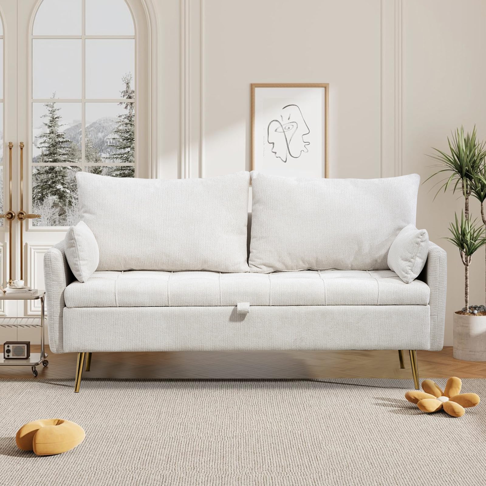RIHEREFY 60'' Loveseat Sofa Couch with Storage, Modern Loveseat Couch with 4 Pillows & Metal Legs, 2 Seater Sofa with USB & Type C for Living Room,Bedroom, Apartment(Beige
