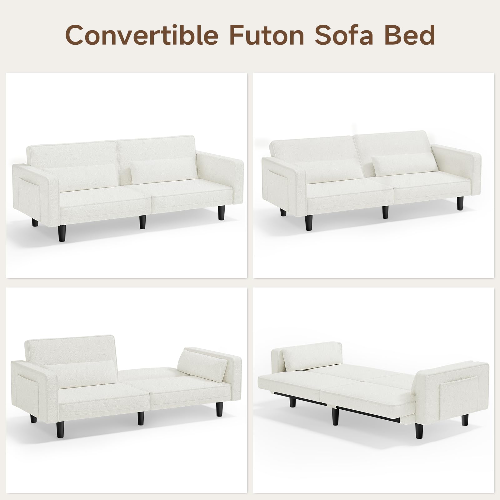 ONBRILL 71" Futon Sofa Bed, Convertible Sleeper Sofa Bed Couch, Splitback Futon Couch with 2 Square Pillows, Teddy Velvet Folding Loveseat Sofa Couch, Dark Grey Couches for Living Room, Apartment