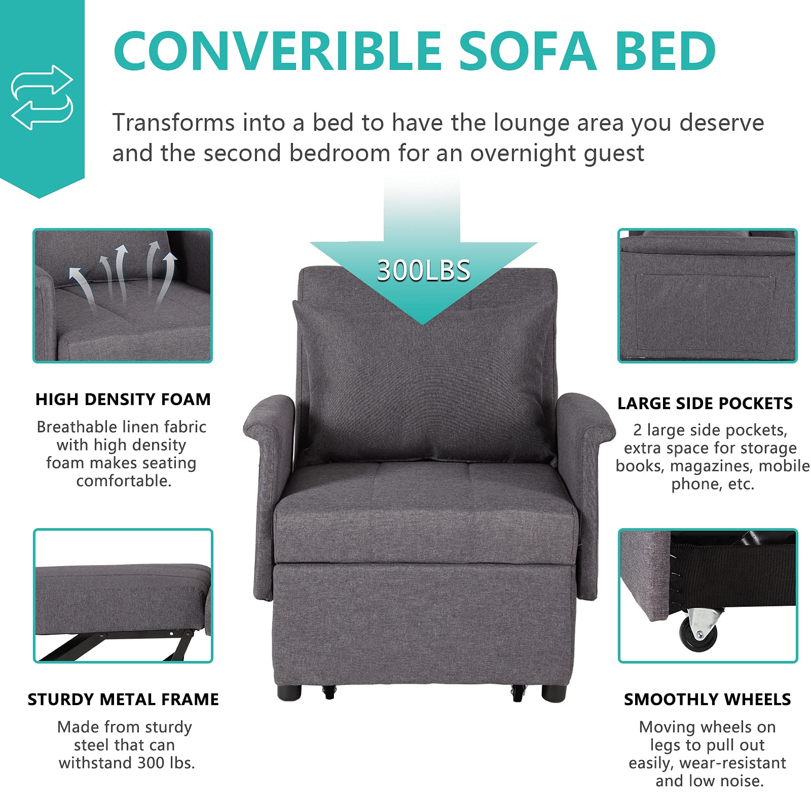 OQQOEE Sleeper Chair, 3 in 1 Chair Bed Sleeper for Adults, Pull Out Sleeper Sofa Convertible Single Lounge Chair with Pillow, Side Pockets for Living Room Small Space (Dark Grey)…