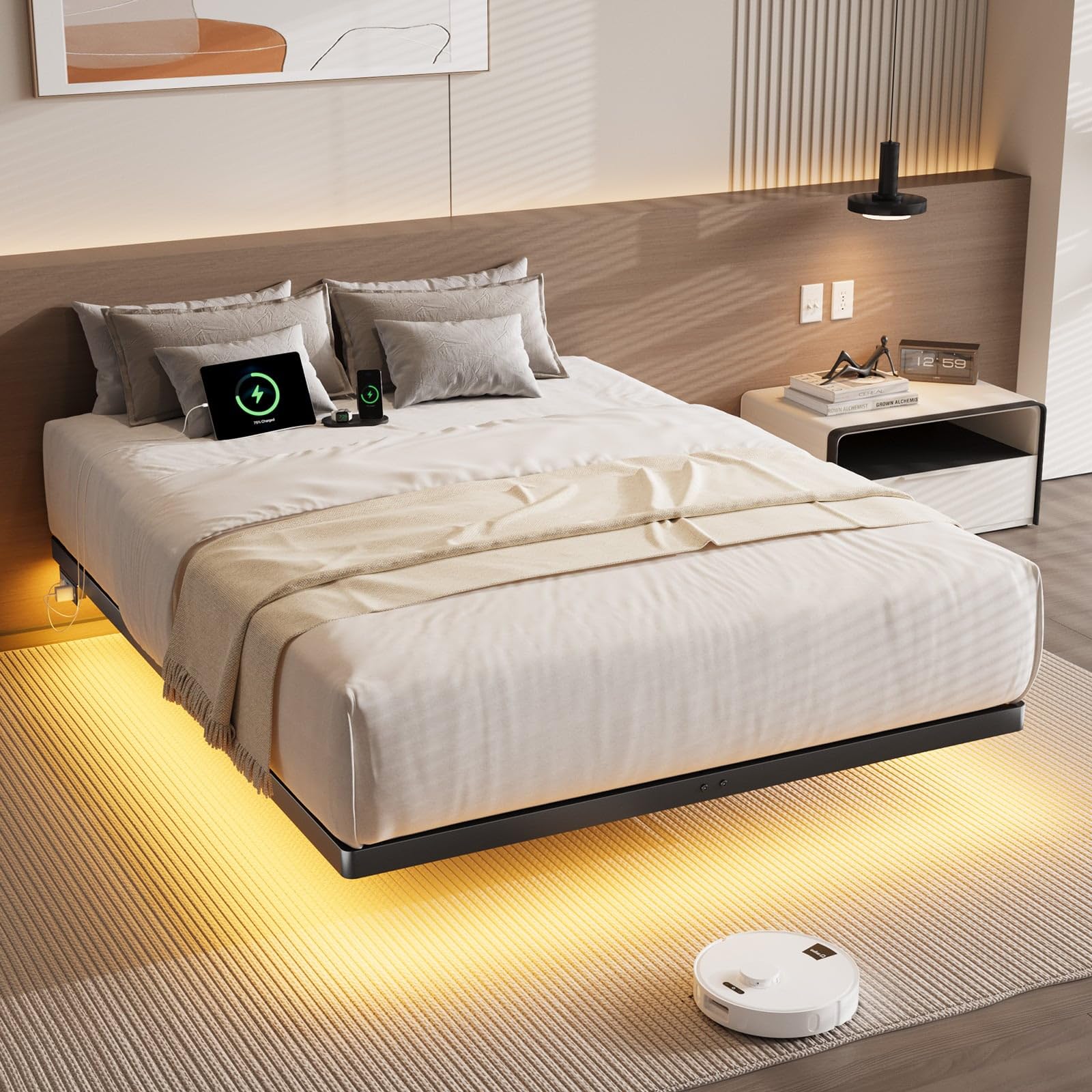 ONBRILL Full Size Floating Bed Frame with USB Charging Station and Smart LED Lights, Heavy Duty Metal Platform Bed with Underbed Storage Space, Easy to Assemble, Noise-Free, No Box Spring Needed
