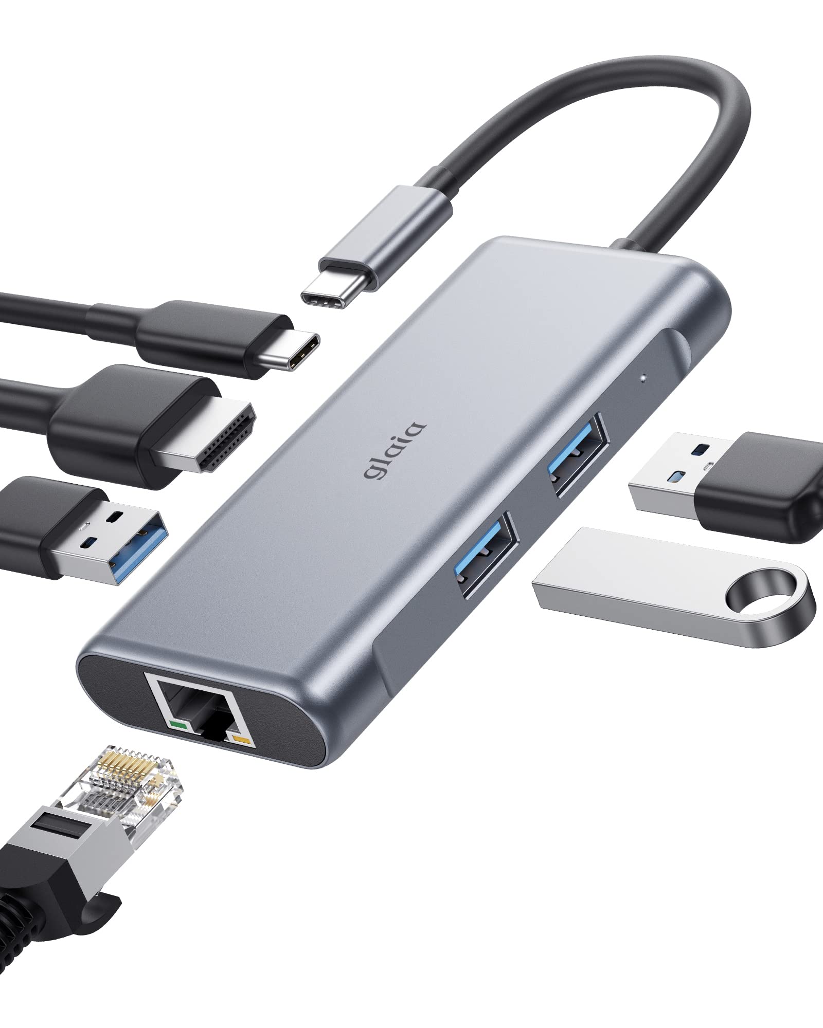 USB C Hub, DIOROK 6 in 1 USB Hub HDMI Multiport Adapter with Ethernet 1000Mbps, USB C to HDMI 4K, 100W Power Delivery, 3 USB 3.0 Ports Type C Hub Dongle Compatible for MacBook Pro, and USB-C Laptops