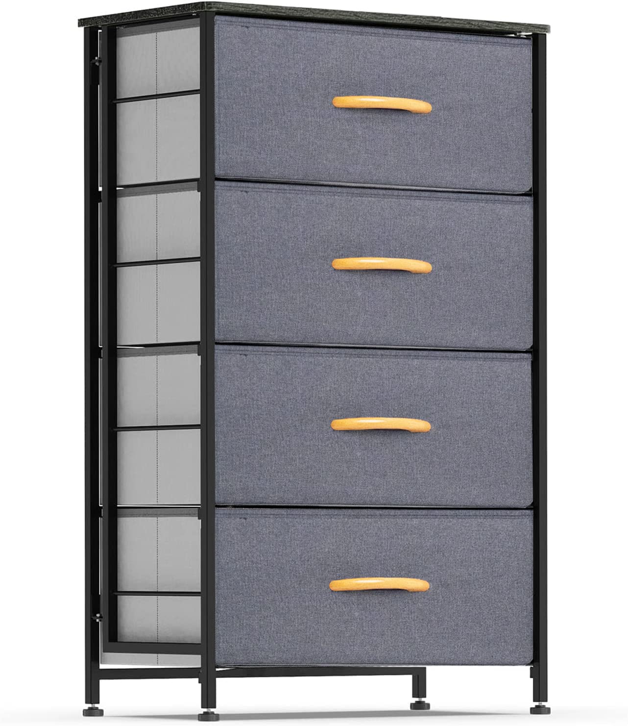 WAYTRIM Dresser Storage Tower, 4 Fabric Organizer Drawers, Wide Chest of Drawers for Closet Boys & Girls Bedroom, Bedside Furniture, Steel Frame, Wood Top, Fabric Bins, Easy Installation (Charcoal)