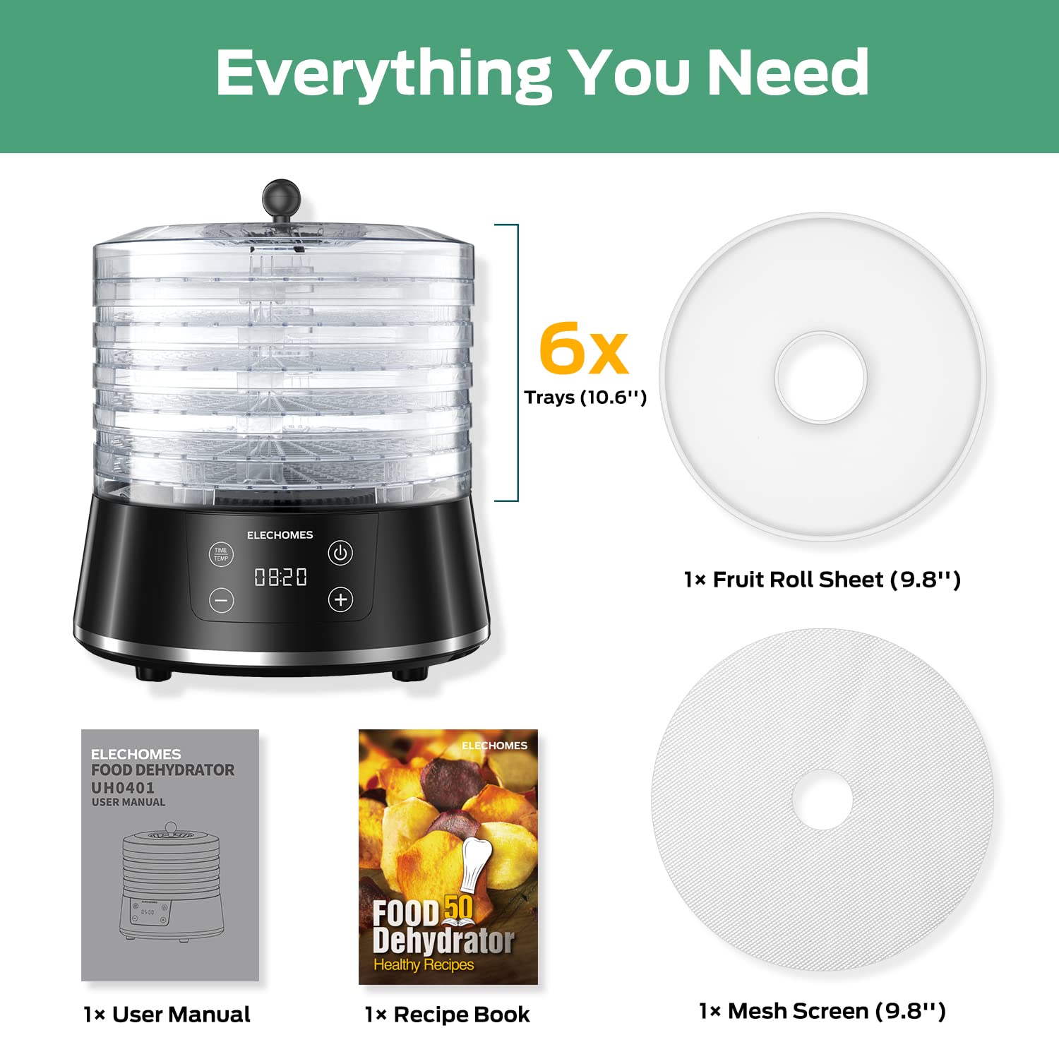 Food Dehydrator, Elechomes Upgraded 6-Tray Dryer for Beef Jerky, Meat, Fruit, Dog Treats, Herbs Vegetable, Digital Time & Temperature Control, Overheat Protection Fruit Roll Sheet Included, BPA Free