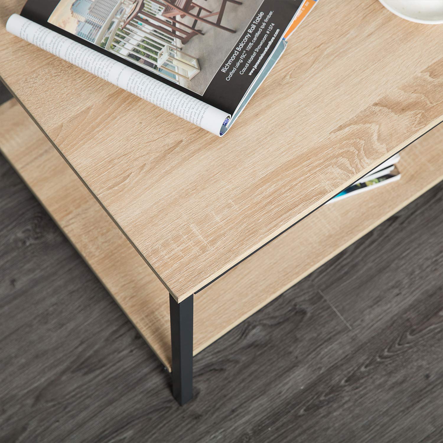 Finefind Modern Industrial Metal Rectangular Coffee Table with Storage Shelf for Living Room, 32 Inch Wood Rustic Furniture for Home Office, Charter Oak Finish