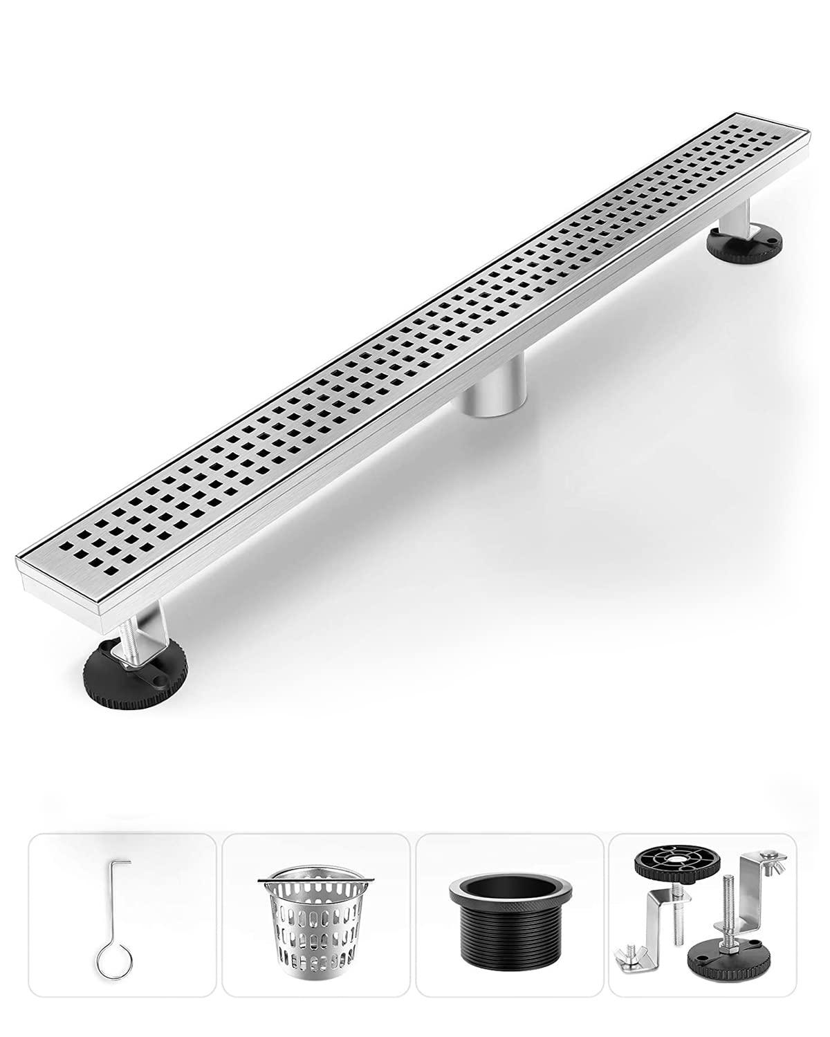 HTOH Shower Drain, Linear Shower Drain 24 Inch(Brushed Nickel),Modern 304 Stainless Steel Shower Floor Drain with Grate Removable, Adjustable Leveling Feet, Rectangular Shower Drain