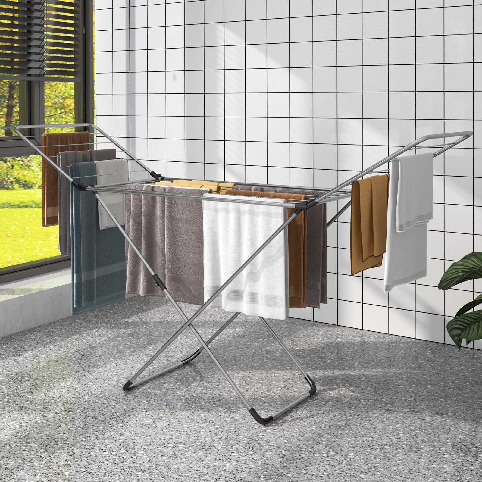 Tangkula Folding Clothes Drying Rack, Lightweight Aluminum Laundry Drying Rack w/Adjustable Wings, 20 Drying Rails, Space-Saving Laundry Hanger for Indoor & Outdoor Use, No Assembly, Silver