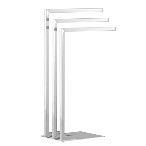 Torre & Tagus Metal Freestanding Towel Rack for Bathroom with 3-Tier Bar, Weighted & Non-Slip Base, Space Saving Multi-Level Bath Towel Holder Stand for Spa, Guest Room (29 Inches Tall Metro Chrome)