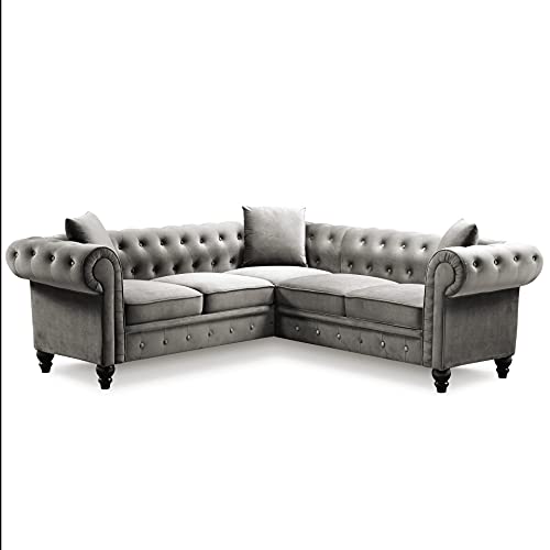 SIYAHOME Sofas & Couches 80 x 80 x 28β Deep Button Tufted Velvet Upholstered Rolled Arm Classic Chesterfield L Shaped Sectional Sofa 3 Pillows Included, Grey, 808028