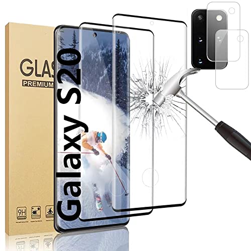 Geviaho 2+2 Pack Galaxy S20 Screen Protector + Camera Lens Protector, Full Clarity Coverage,9H Tempered Glass, Ultrasonic Fingerprint Support,Anti Bubble,3D HD Curved for Samsung S20 [6.2Inch]