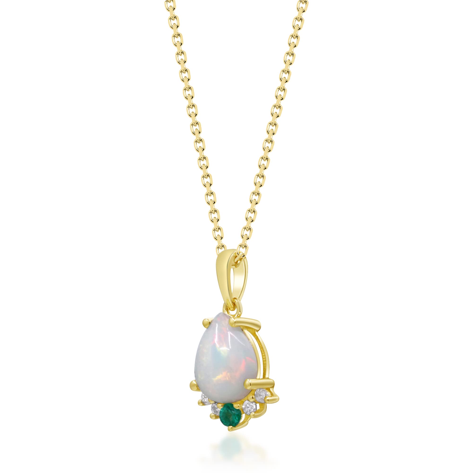 Gin & Grace 10K Yellow Gold Ethiopian Opal and Emerald Pendant Necklace with Diamonds for women | Ethically, authentically & organically sourced (Pear) shaped opal hand-crafted jewelry for her