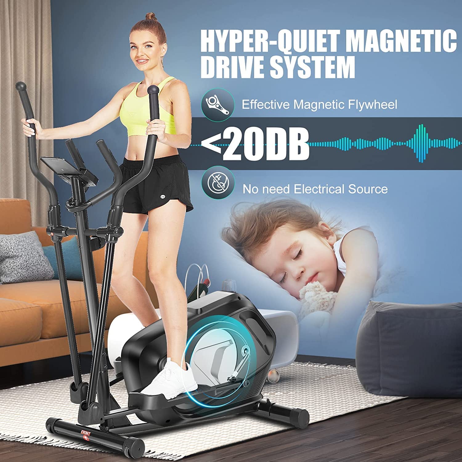 HIROLLOP Elliptical Machine with App，Elliptical Trainer with 10 Level of Magnetic Resistence，LCD Monitor and Heart Rate Sensor，390lbs Weight Capacity